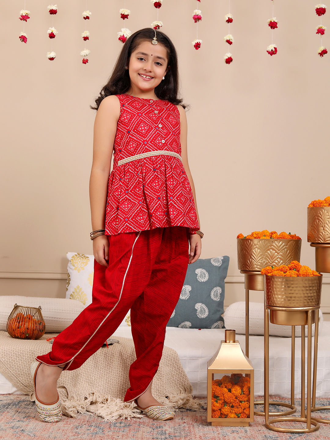 BUY SAANJH RED BANDHANI DHOTI SET ONLINE – Budding Bees